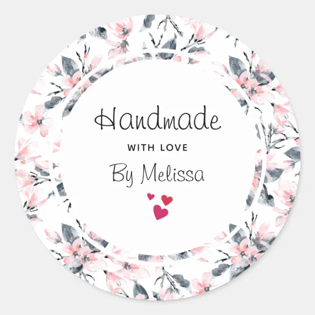 Handmade with Love Pink & Gray Floral Pattern Classic Round Sticker ...