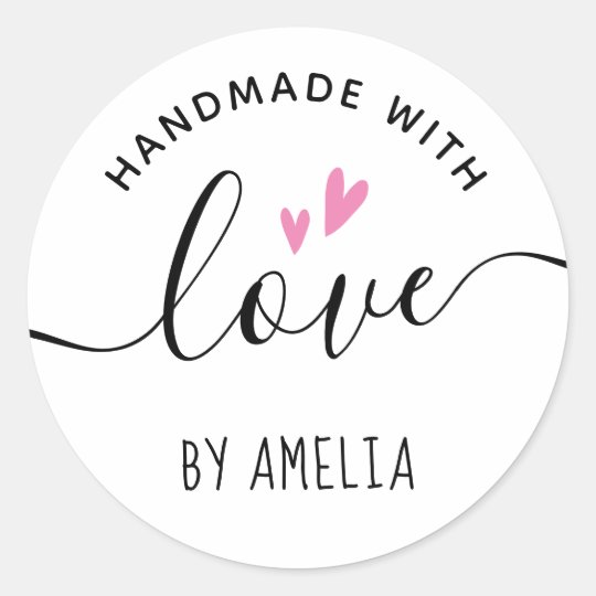 Handmade with love pink hearts custom name classic round sticker ...