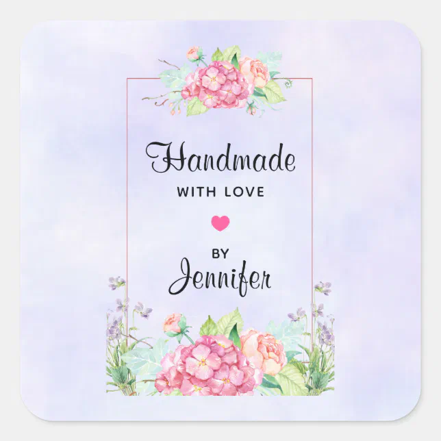 Handmade with Love Pink Watercolor Floral Frame Square Sticker | Zazzle