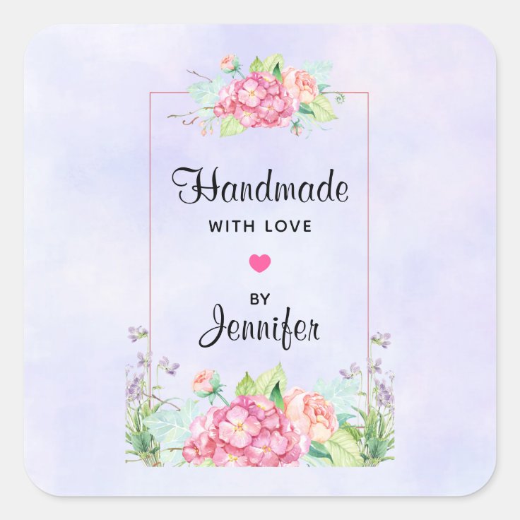 Handmade with Love Pink Watercolor Floral Frame Square Sticker | Zazzle