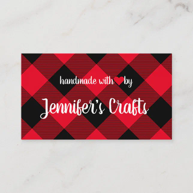 Handmade with Love Red and Black Buffalo Plaid Business Card | Zazzle