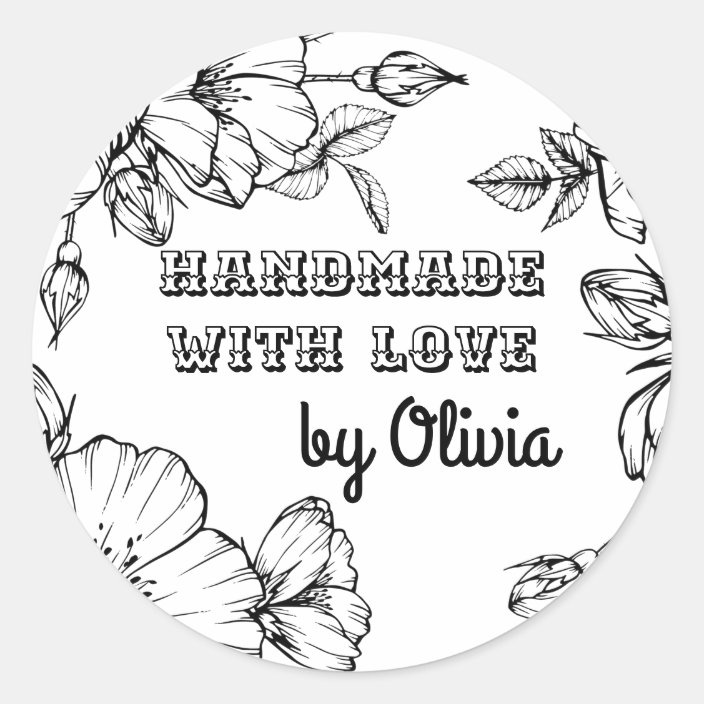 Handmade with Love Rose Flower Frame Classic Round Sticker | Zazzle.com