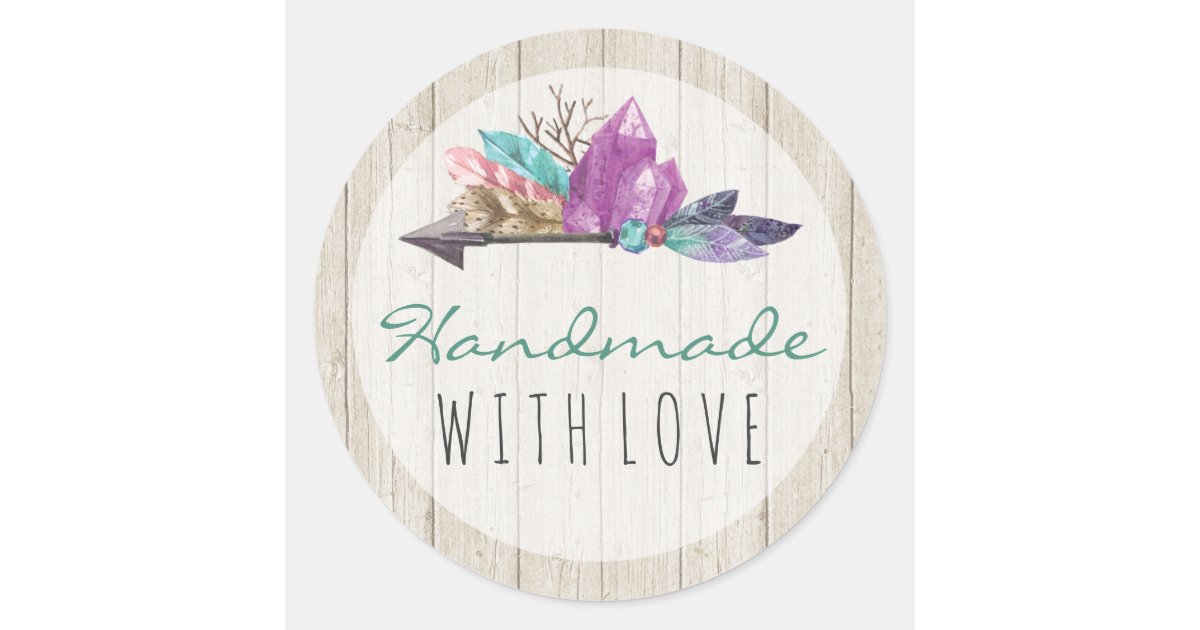 Handmade With Love Rustic Bohemian Crystals Boho Classic Round Sticker ...