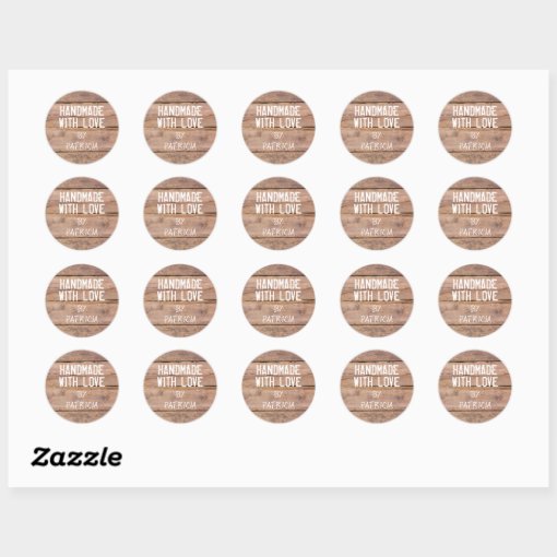 Handmade With Love Rustic Wood Personalized Classic Round Sticker | Zazzle