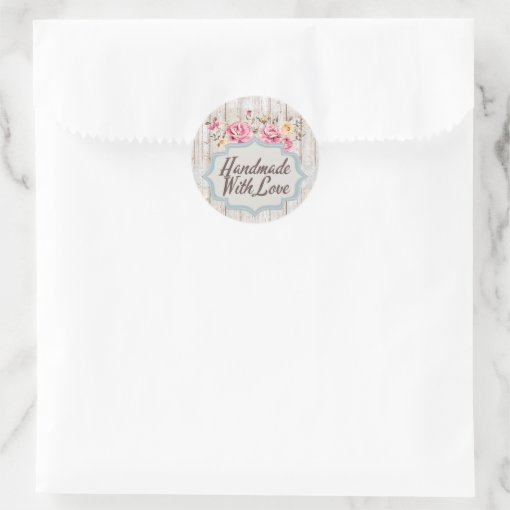 Handmade With Love Shabby Chic Floral Rustic Wood Classic Round Sticker ...