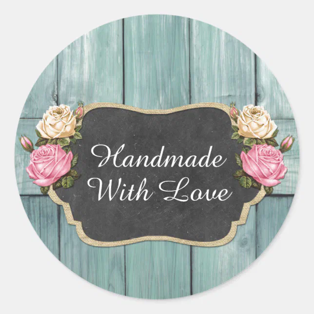 Handmade With Love Shabby Vintage Roses Rustic Classic Round Sticker ...