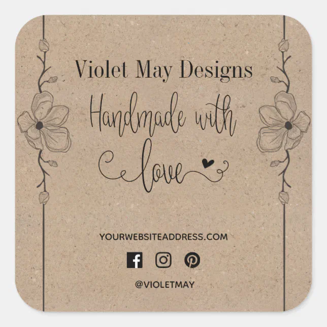 Handmade with Love Social Media Rustic Kraft Square Sticker | Zazzle