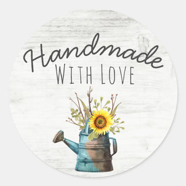 Handmade With Love Sunflower Floral & Rustic Wood Classic Round Sticker ...