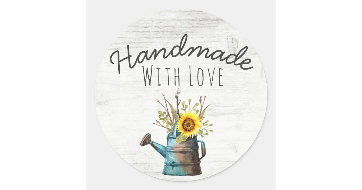Handmade With Love Sunflower Floral & Rustic Wood Classic Round Sticker ...