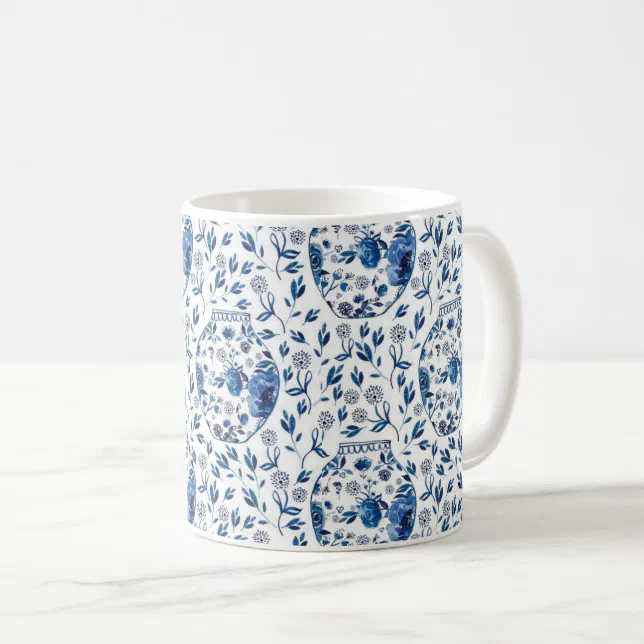 Handpainted Blue & White Chinoiserie Floral Style Coffee Mug | Zazzle