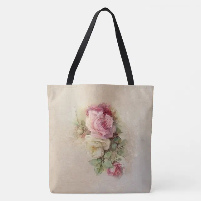 Handpainted Style Vintage Pink and White Roses Tote Bag | Zazzle