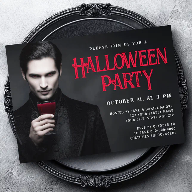 Handsome vampire drinking blood Halloween party Invitation | Zazzle