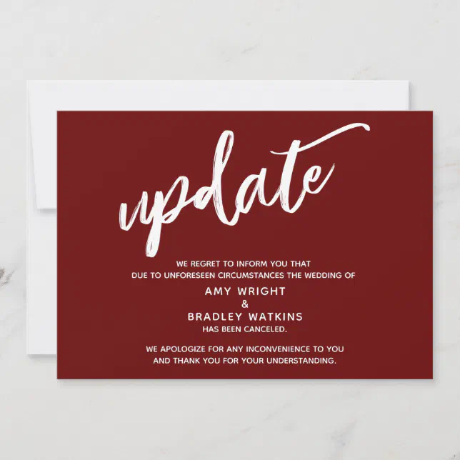 Handwriting Canceled Wedding Update Burgundy Invitation | Zazzle