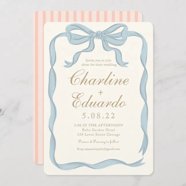 Handwriting Funky Blue Ribbon Striped Invitation | Zazzle