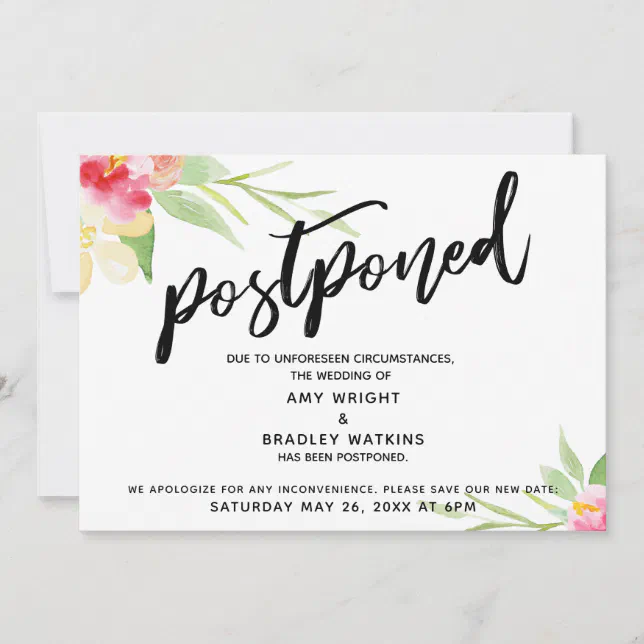 Handwriting Watercolor Flowers Postponed Wedding Invitation | Zazzle