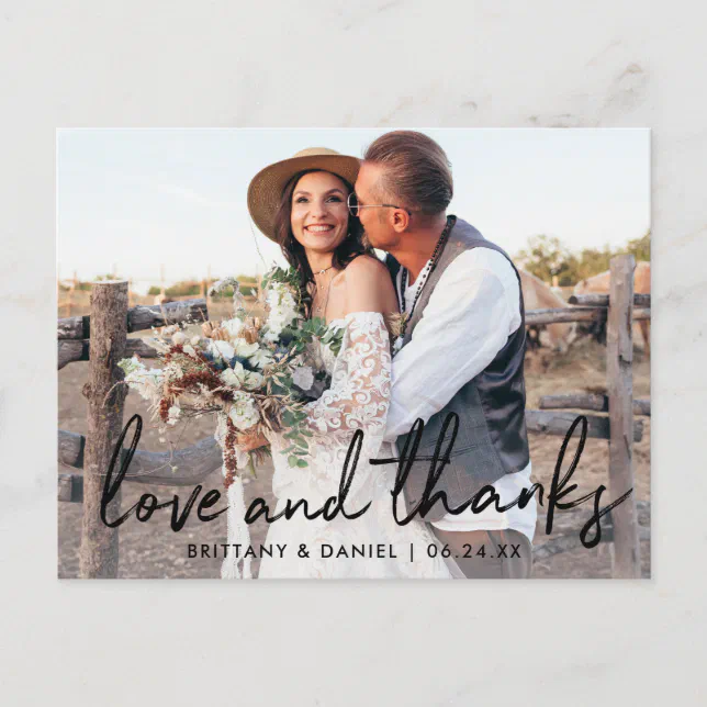 Handwritten Black Script Love and Thanks Wedding Postcard | Zazzle