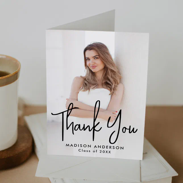 Handwritten Black Script Photo Graduation Thank You Card | Zazzle