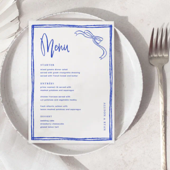Handwritten Blue French Wedding Table Menu | Zazzle