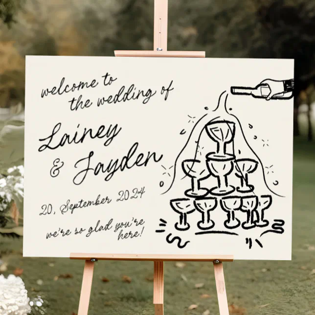Handwritten Champagne Tower Wedding Welcome Sign | Zazzle
