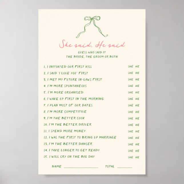 Handwritten Downloadable She said He said Game Poster | Zazzle