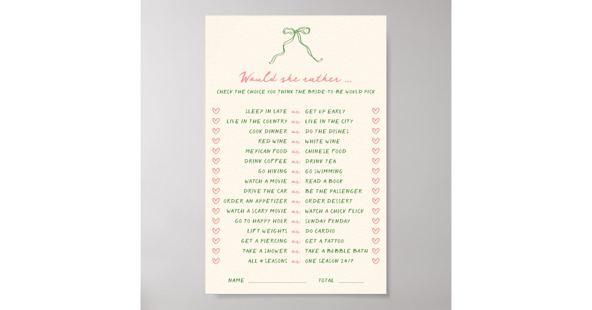 Handwritten Downloadable Would She Rather Game Poster | Zazzle