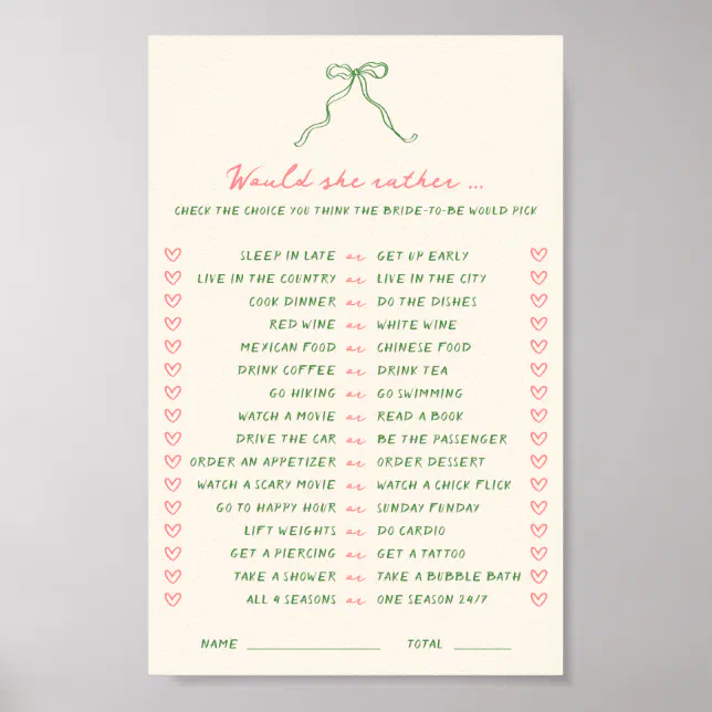 Handwritten Downloadable Would She Rather Game Poster | Zazzle