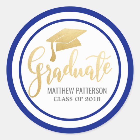 Handwritten Faux Gold Foil Graduate Hat Navy Blue Classic Round Sticker ...