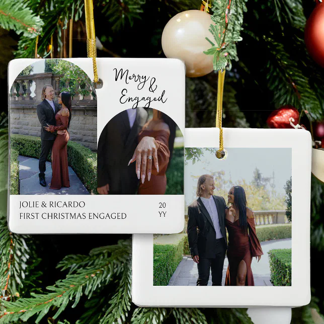 Handwritten Merry and Engaged Arch Photo Ceramic Ornament | Zazzle