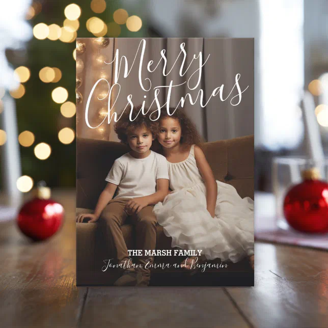 Handwritten Merry Christmas Script and Full Photo Holiday Card | Zazzle