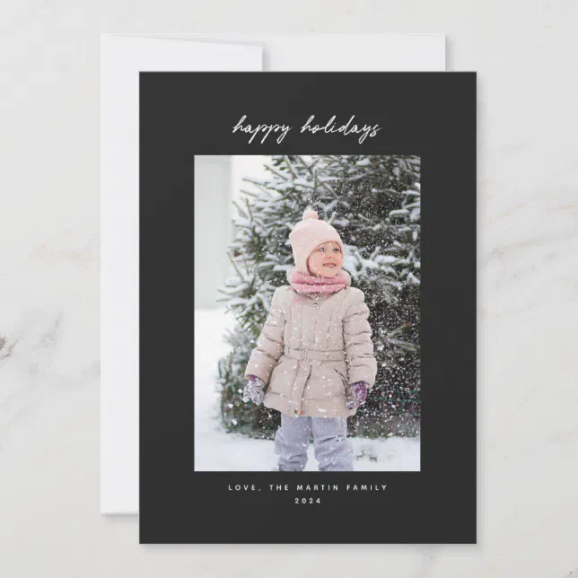Handwritten Minimalist Black Holiday Photo Card | Zazzle