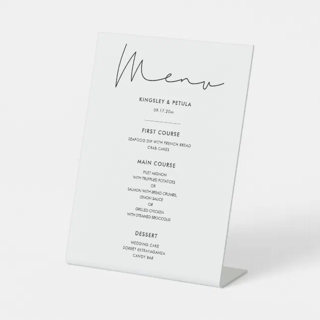 Handwritten minimalist wedding menu pedestal sign | Zazzle