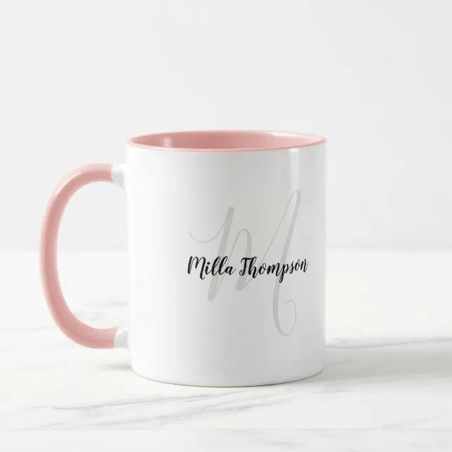 handwritten name and initial . monogram . pink mug | Zazzle