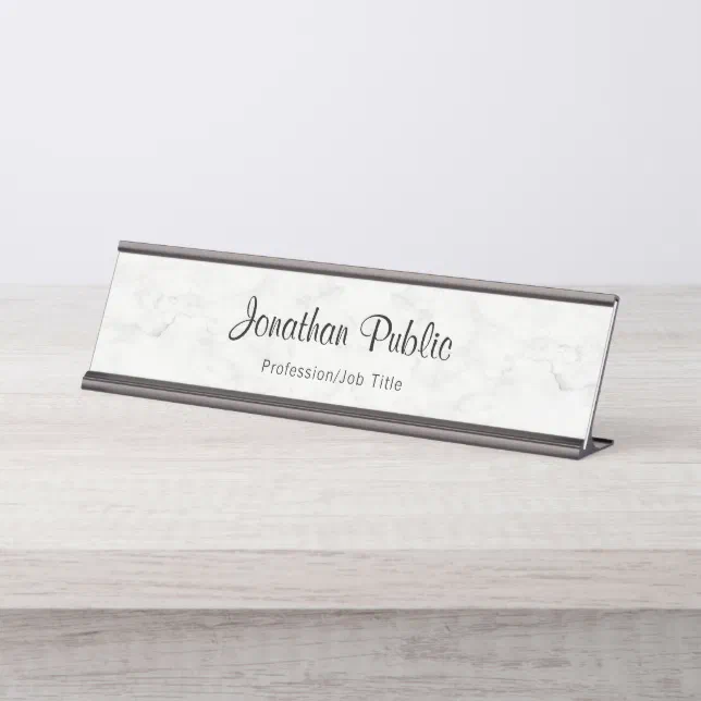 Handwritten Name Script White Marble Modern Desk Name Plate | Zazzle