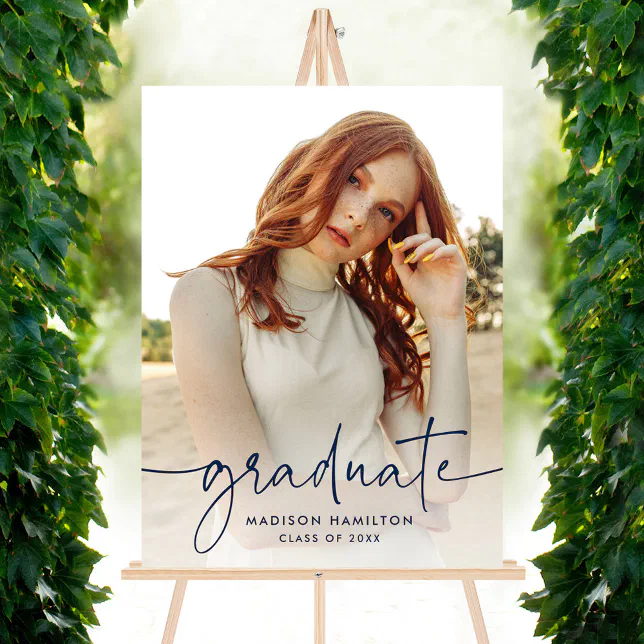 Handwritten Navy Script Photo Graduation Sign | Zazzle