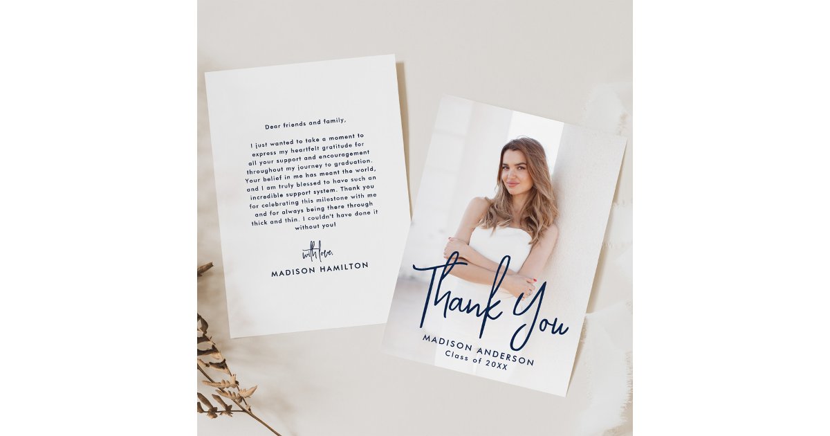Handwritten Navy Script Photo Graduation Thank You Card | Zazzle