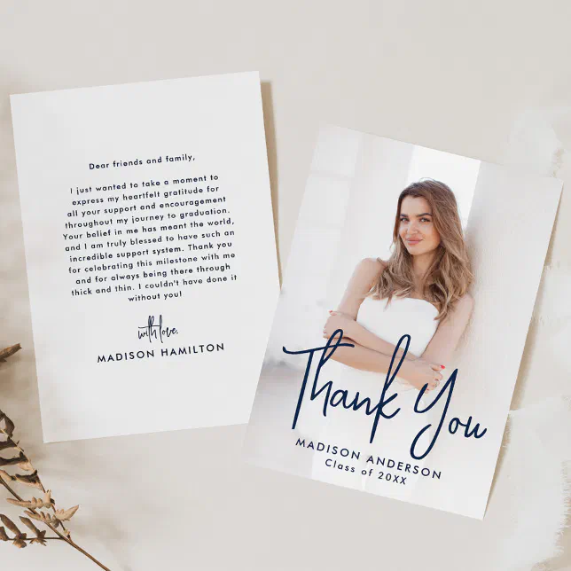 Handwritten Navy Script Photo Graduation Thank You Card | Zazzle