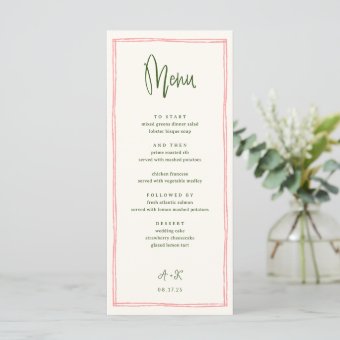 Handwritten Pink and Green French Wedding Menu | Zazzle