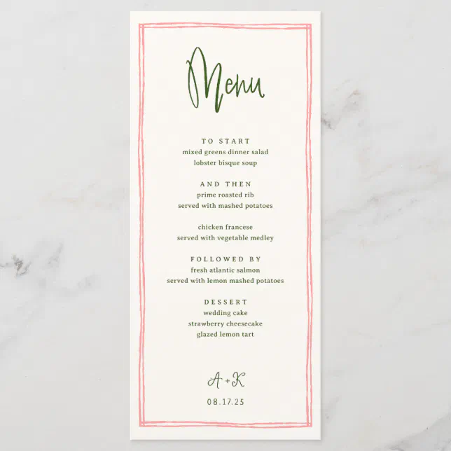 Handwritten Pink and Green French Wedding Menu | Zazzle