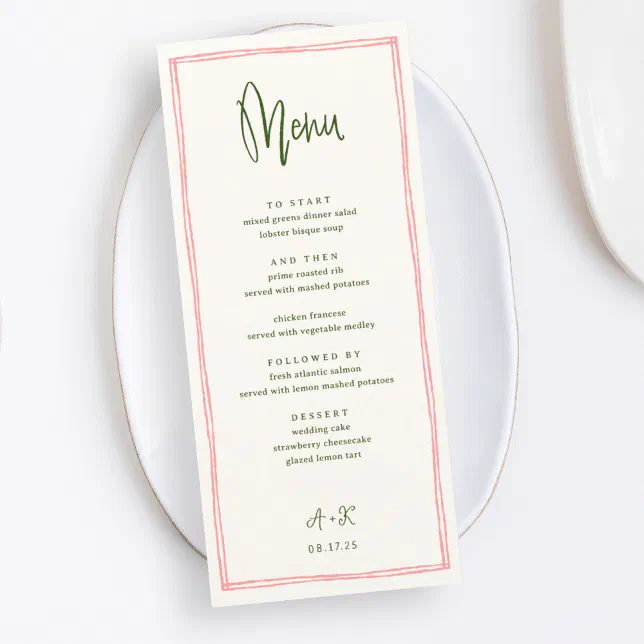 Handwritten Pink and Green French Wedding Menu | Zazzle