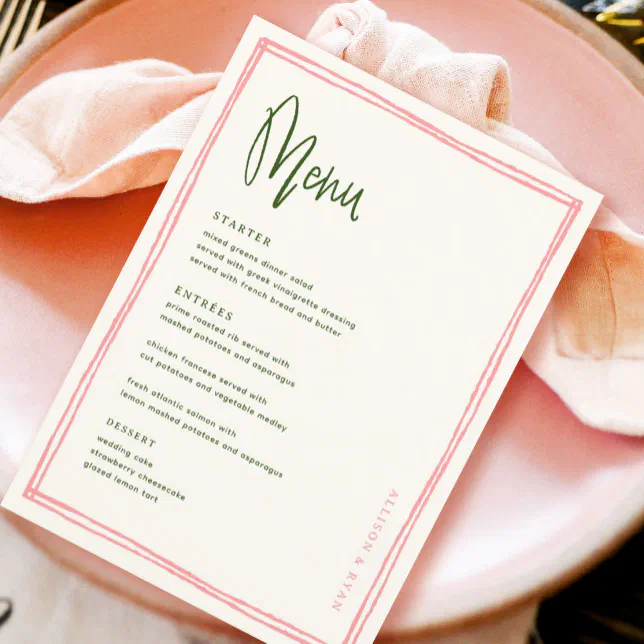Handwritten Pink and Green French Wedding Table Menu | Zazzle