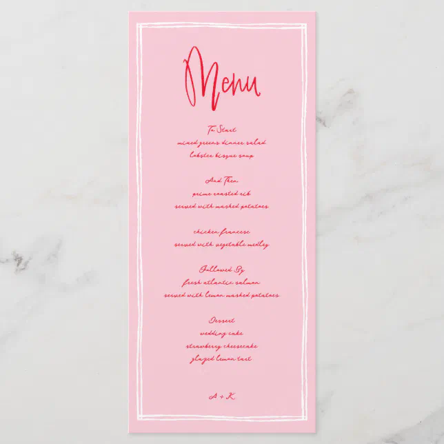 Handwritten Pink and Red French Wedding Menu | Zazzle