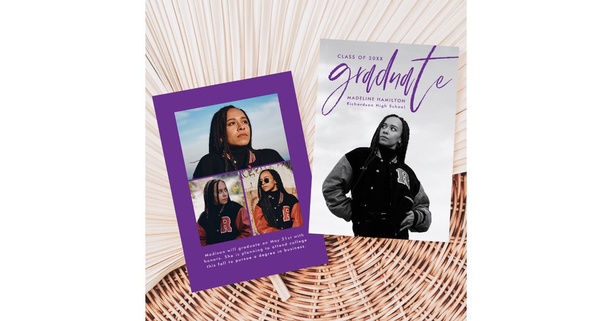 Handwritten Purple Brush Script 4 Photo Graduation Announcement | Zazzle