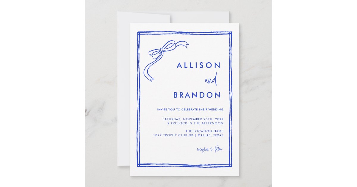 Handwritten Ribbon French Blue Wedding Invitation | Zazzle
