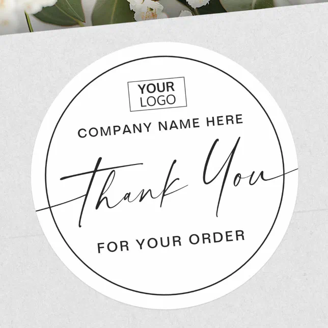 Handwritten script add logo business thank you classic round sticker ...