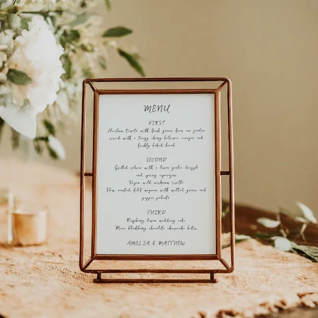 Handwritten Script Quirky White Wedding Menu Card | Zazzle
