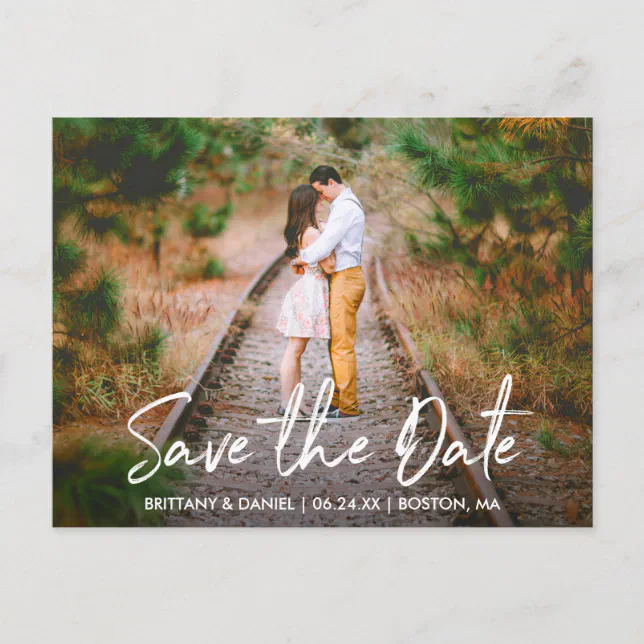Handwritten Script Save the Date Couple Photo Postcard | Zazzle