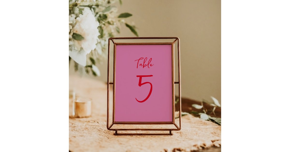 Handwritten Script Whimsy Pink Red Custom Wedding Table Number | Zazzle