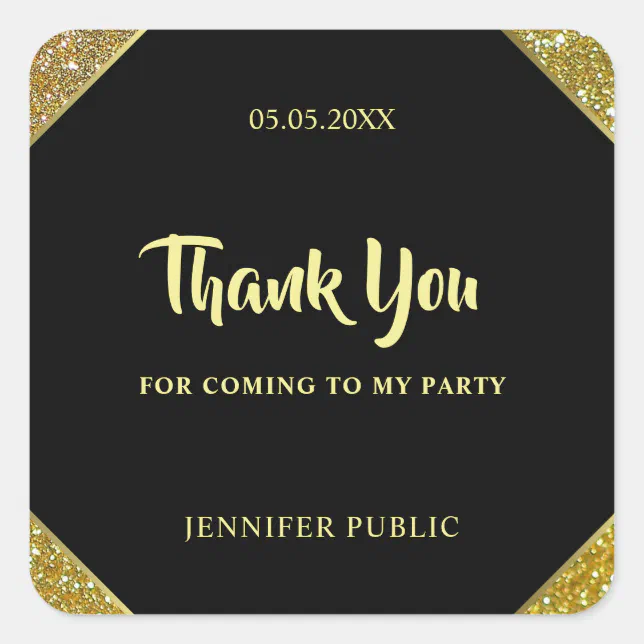Handwritten Thank You Script Gold Glitter Template Square Sticker | Zazzle