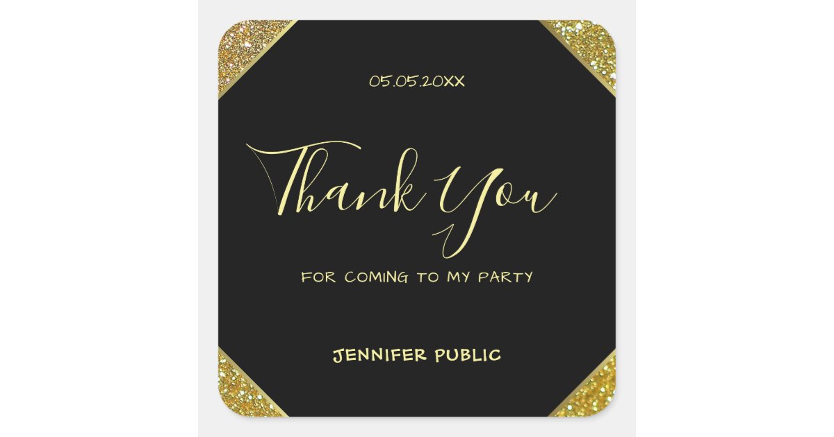 Handwritten Thank You Script Text Gold Glitter Top Square Sticker | Zazzle