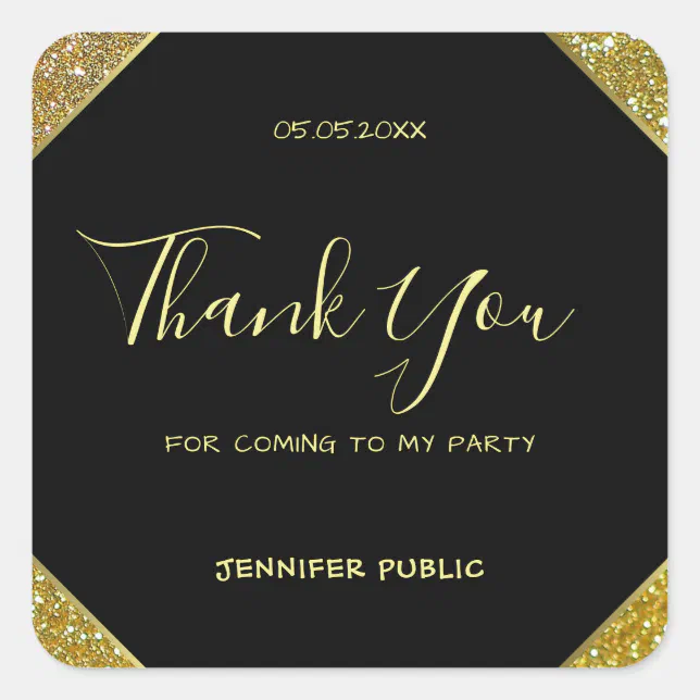 Handwritten Thank You Script Text Gold Glitter Top Square Sticker | Zazzle